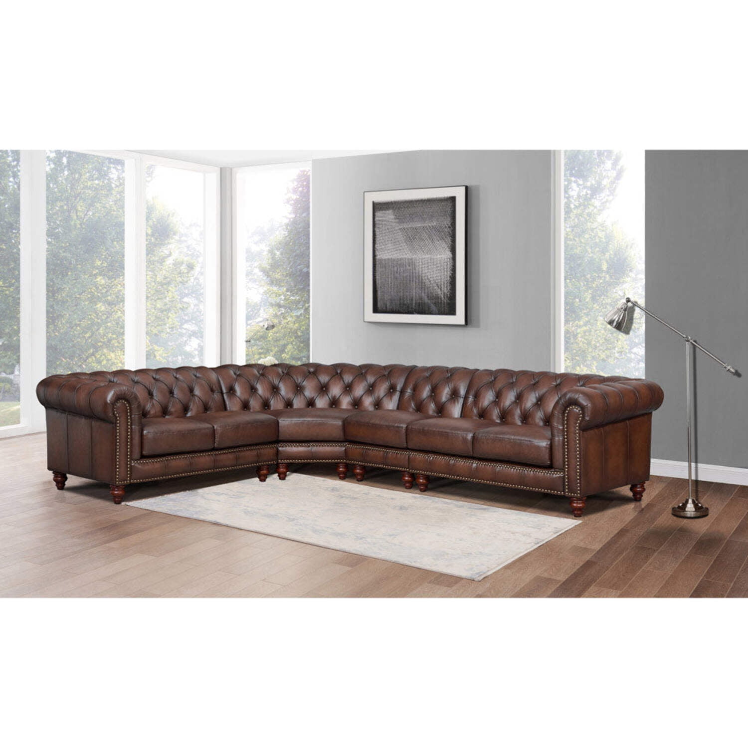 Alton Bay Leather L Shaped Convertible Sectional Brown Genuine Leather Wood Primary Living Space ...