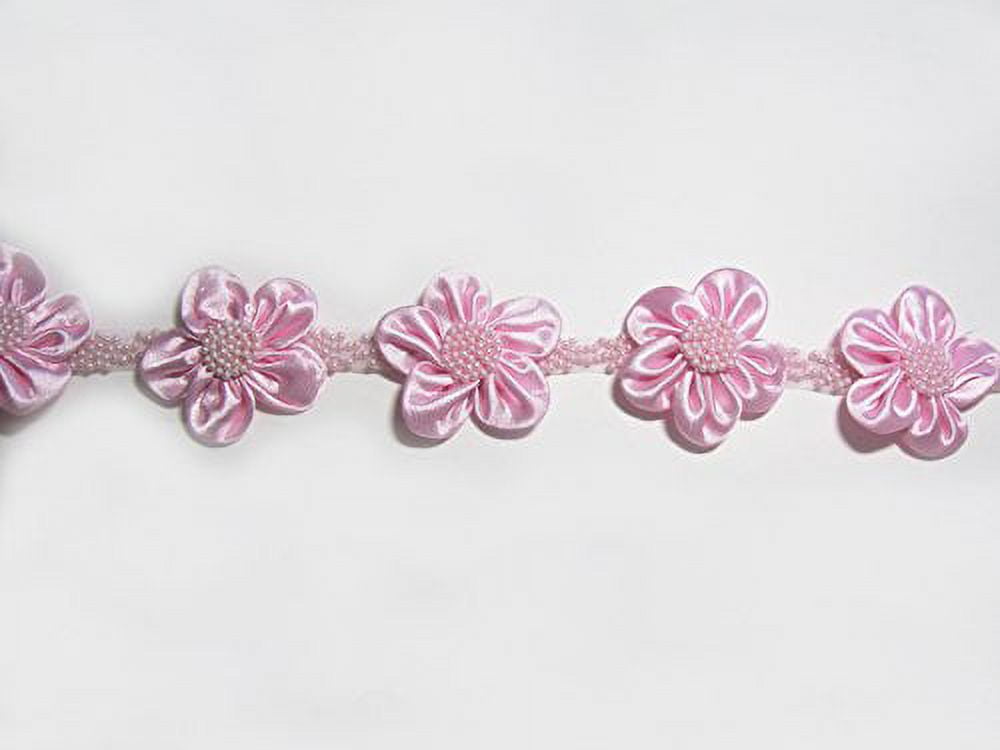 Altotux 2" Pink Cuttable Satin Pearl Beaded Flower Trim Sheer Organza ...