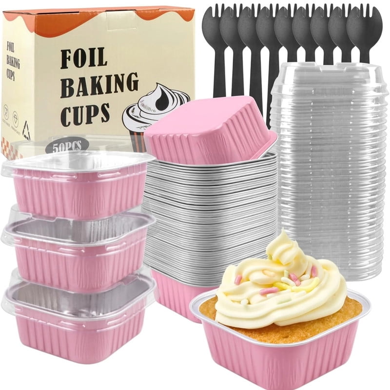 Aluminium Foil Cake Cups with Lids Muffin Tins, 60 Pack of 5 oz Mini ...