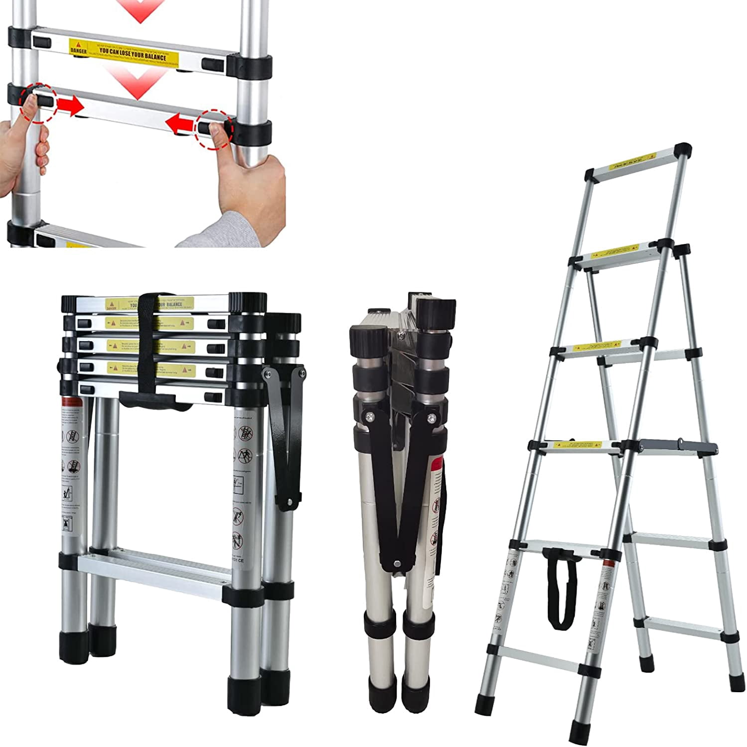 Aluminium Ladder, 6ft Telescoping Ladder, A-Frame Extension Ultra-Light ...