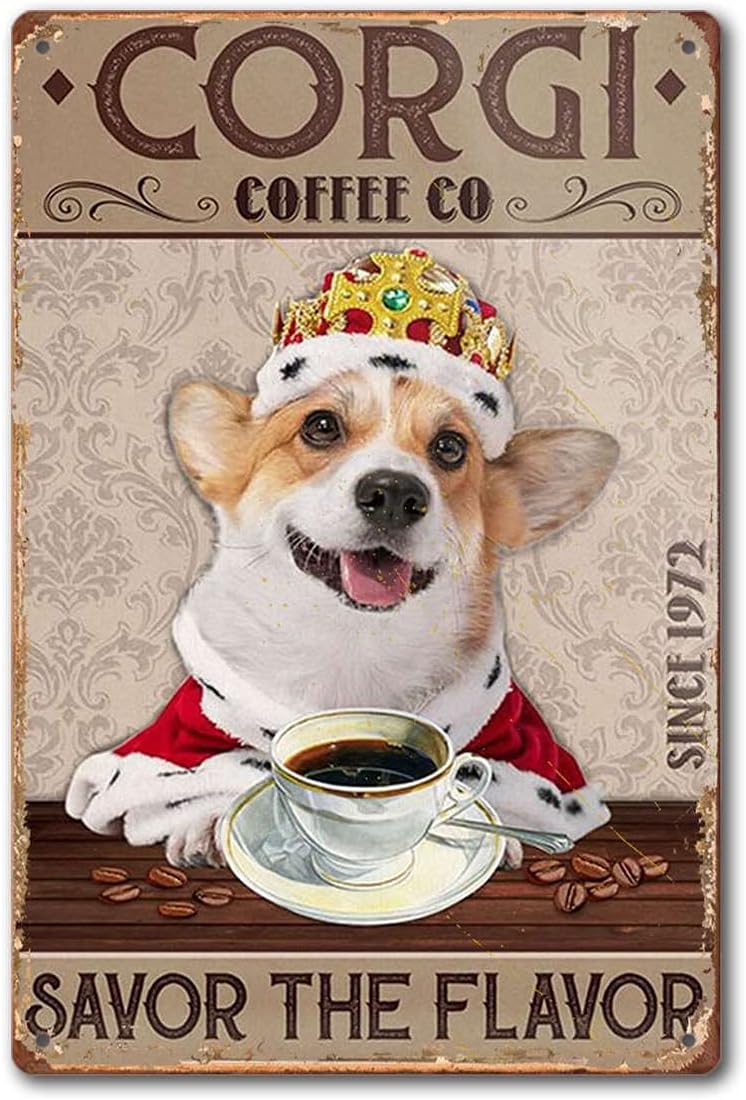 Aluminium Metal Tin Sign Retro Corgi Corgi Coffee Co Savor The Flavor ...