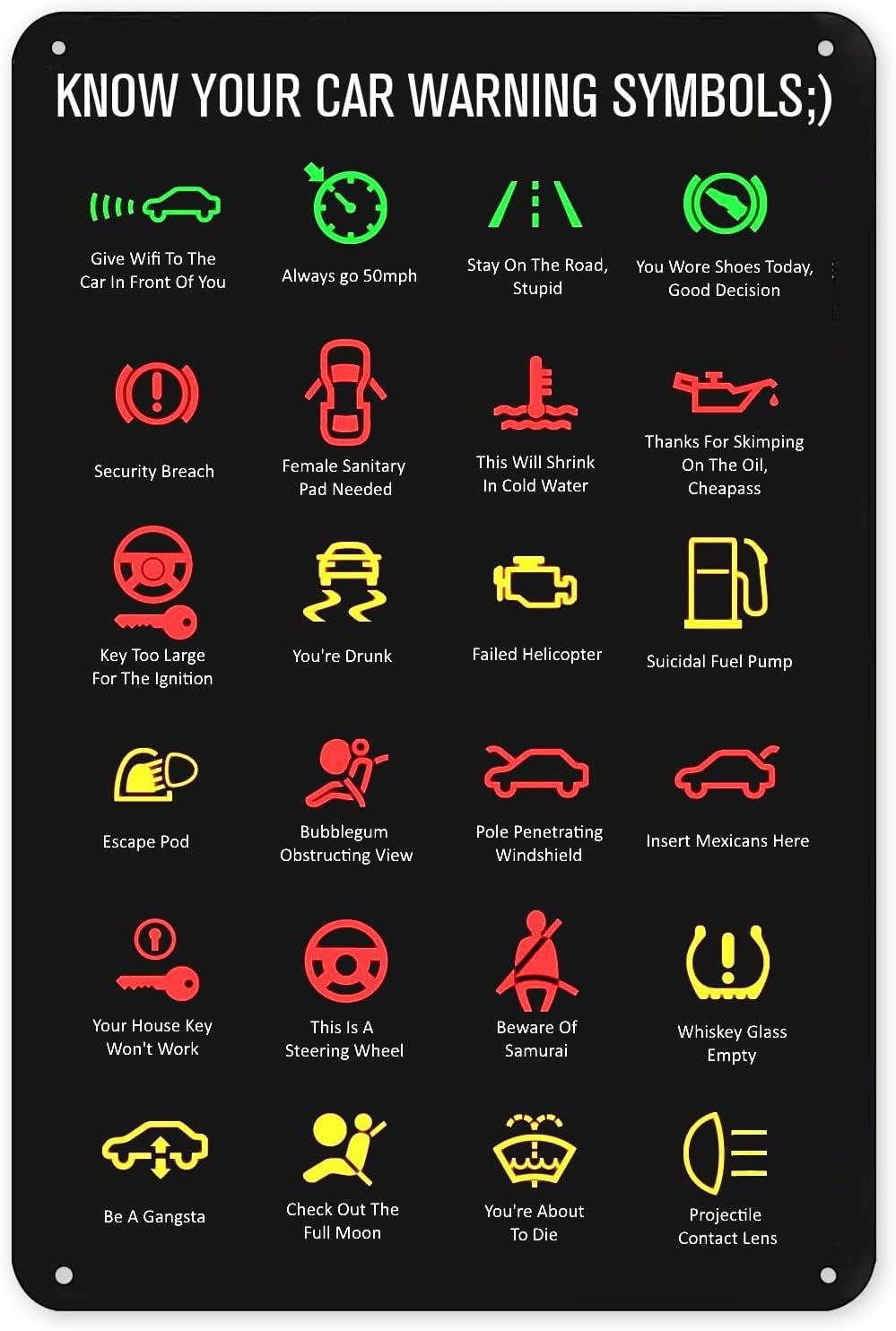 Aluminium Sign Know Your Car Warning Lights Mechanics Funny Sarcastic ...