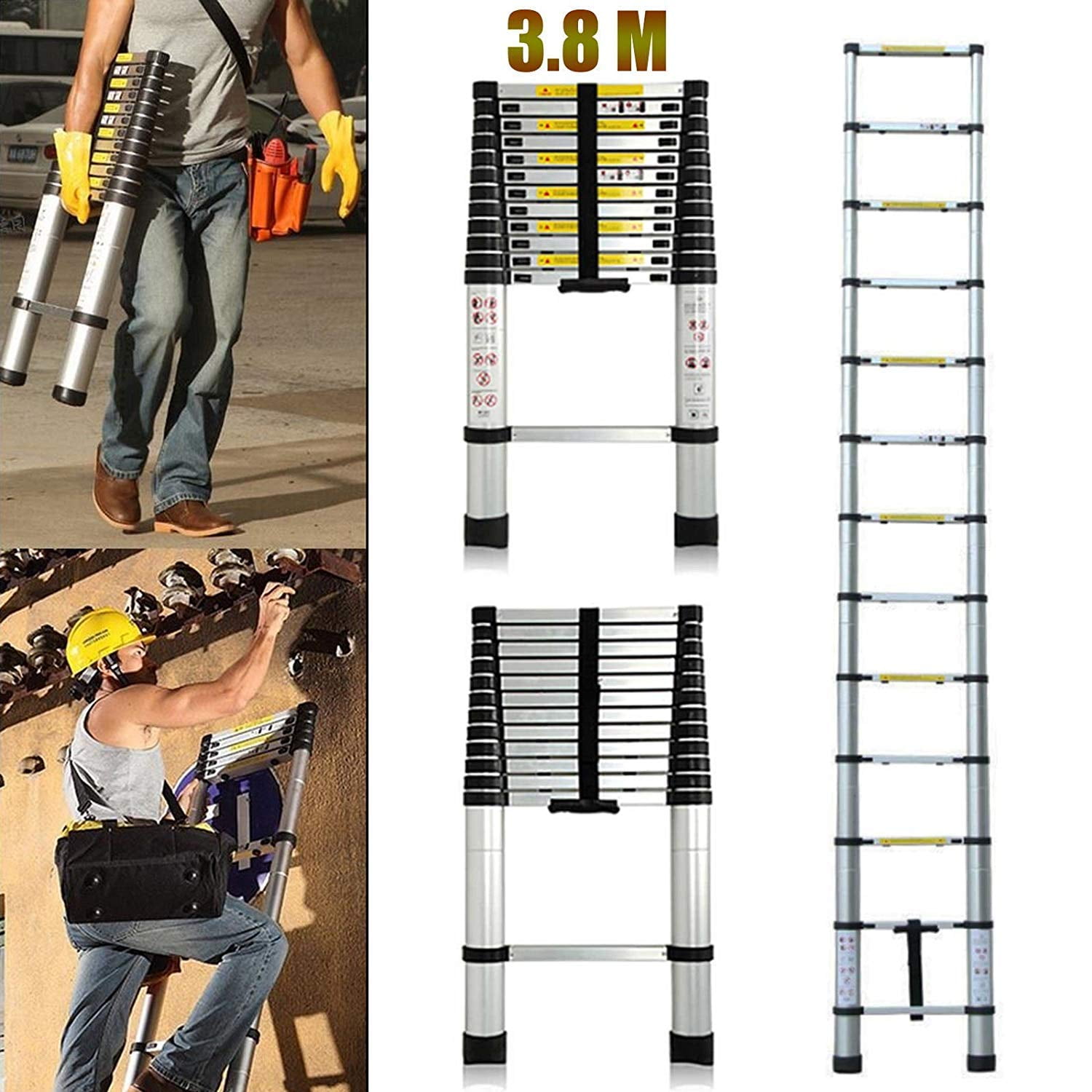 Aluminium Telescopic Ladder 12.5Ft Multi-Purpose Telescoping Ladder 3 ...