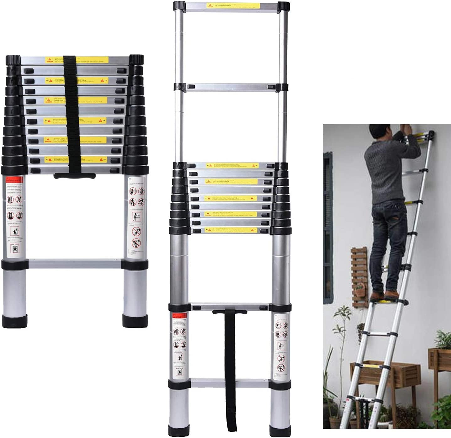 Aluminium Telescopic Ladder 8.5Ft 2.6M Telescoping Folding Ladder 9 ...