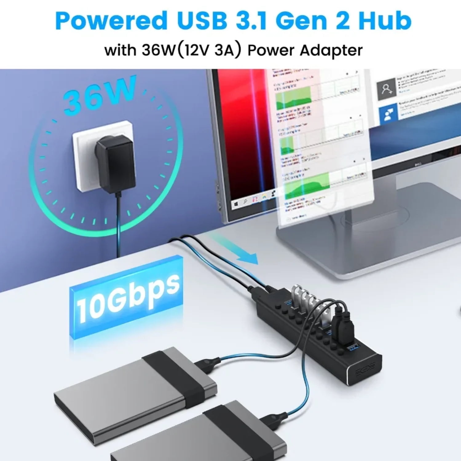 Aluminum 10 Port USB 3.2 Gen 2 Expander Splitter Hub with 10Gbps Speed ...