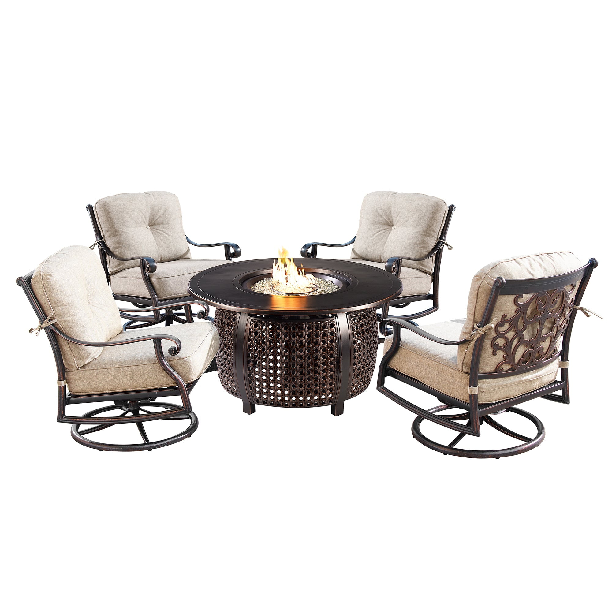 Aluminum 44-in Round Patio Fire Table Set with Swivel Rocking Chairs ...