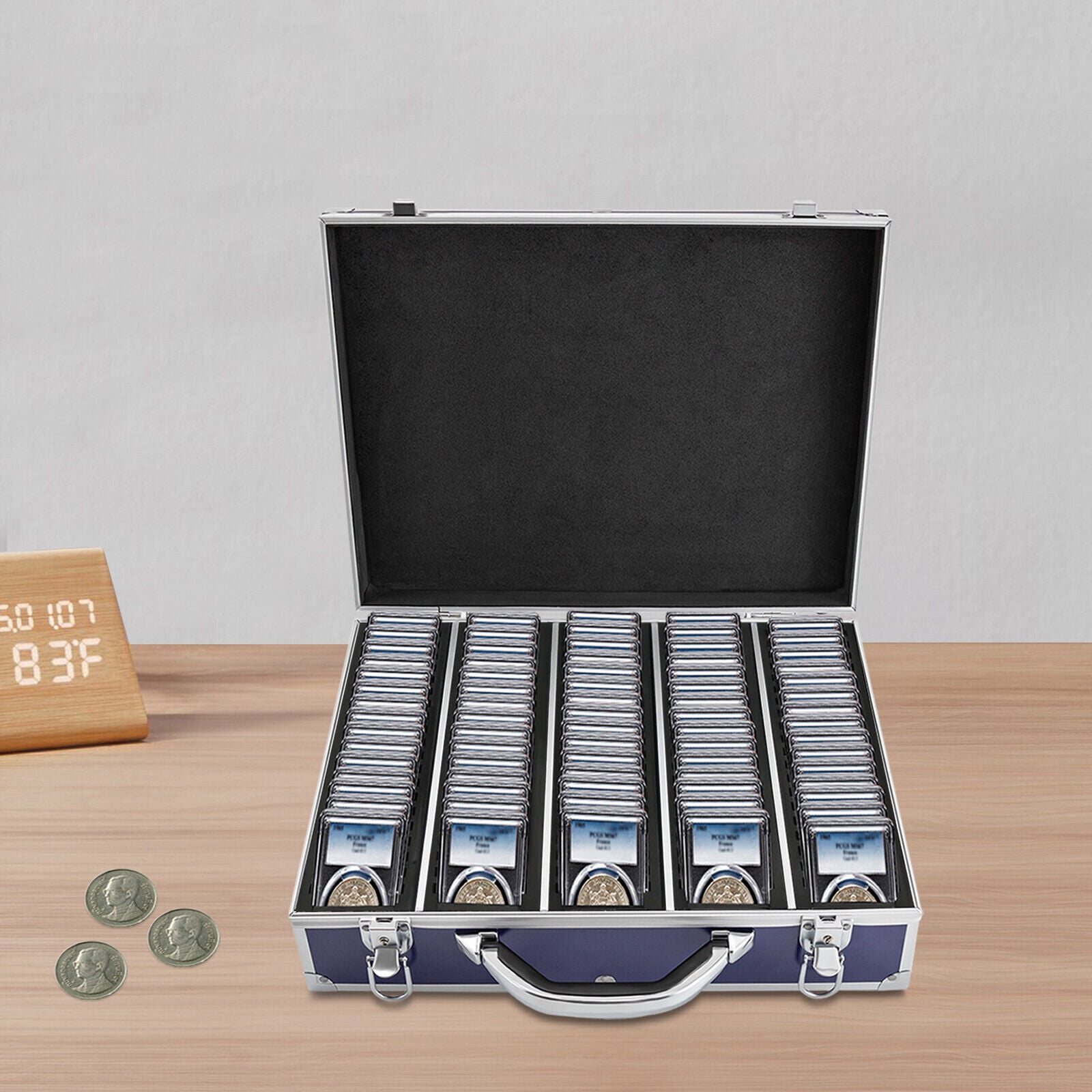 Aluminum Alloy Blue Box Case Holds 100 Coin Holders Slabs Blue Storage ...