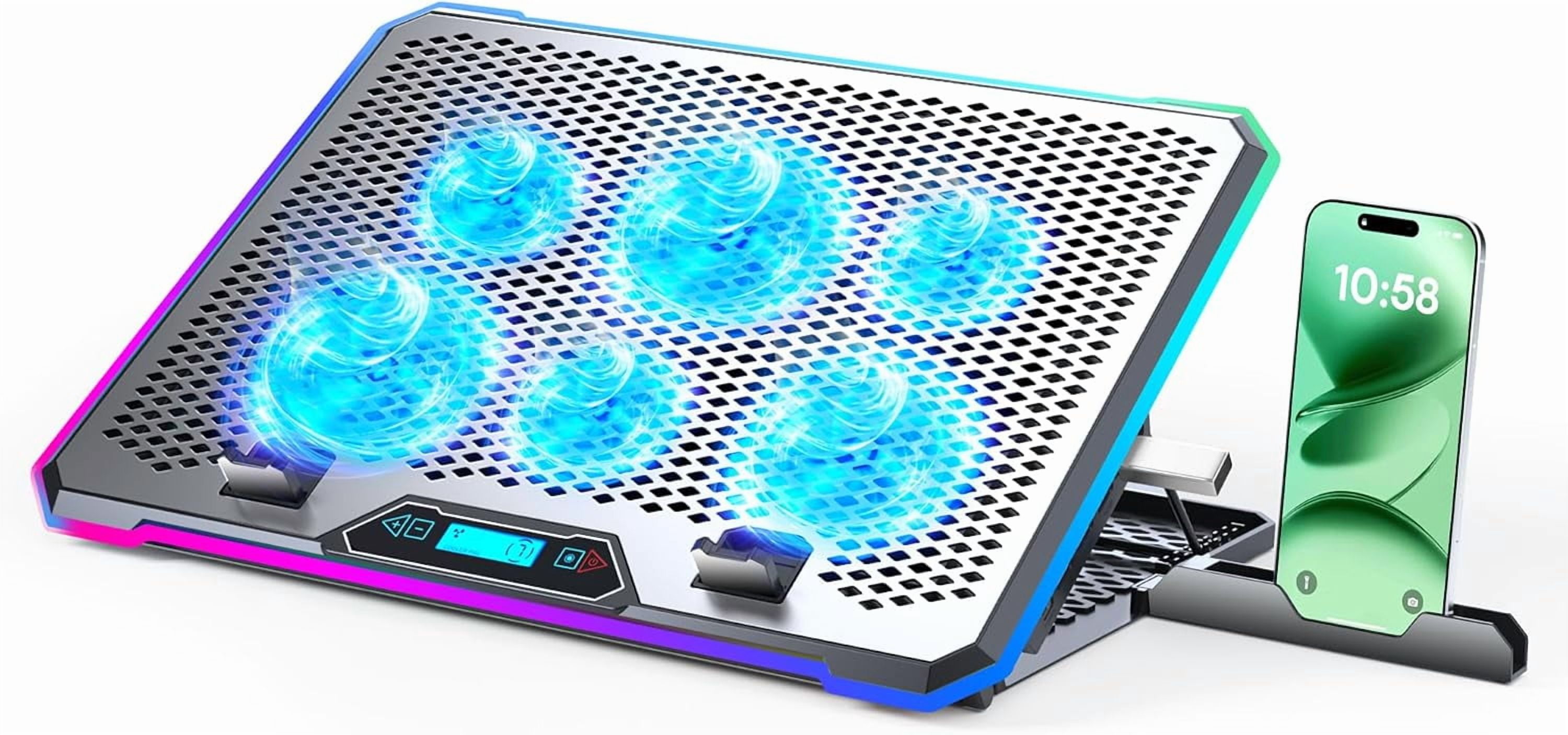 Aluminum Alloy RGB Gaming Laptop Cooler - 6 Fans, LCD Screen, 10 RGB ...
