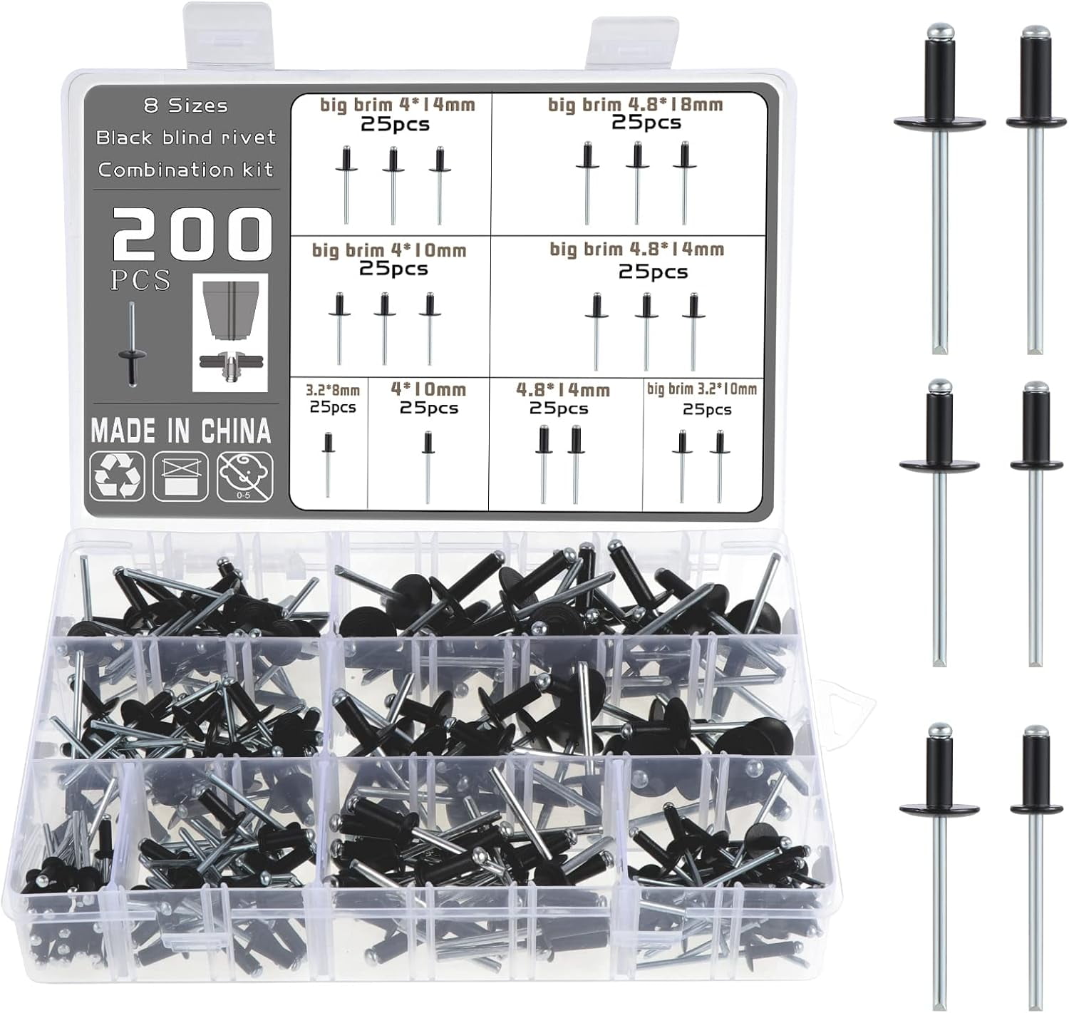 Aluminum Assortment Kit, 200PCS High-Quality Pop Rivets with Large ...