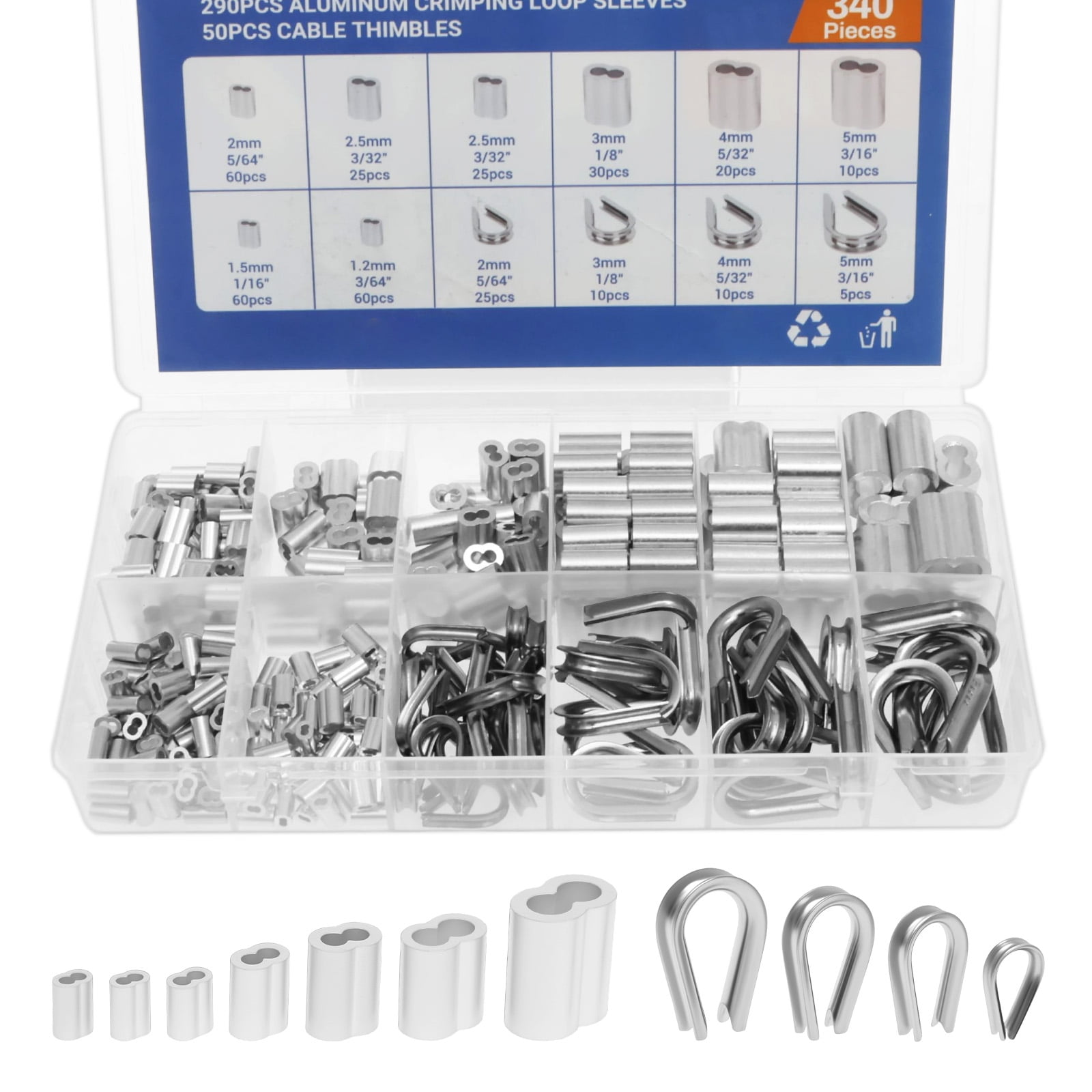 Aluminum Crimping Loop Sleeve with 304 Stainless Steel Wire Rope Cable Thimbles 7 Sizes Aluminum ...