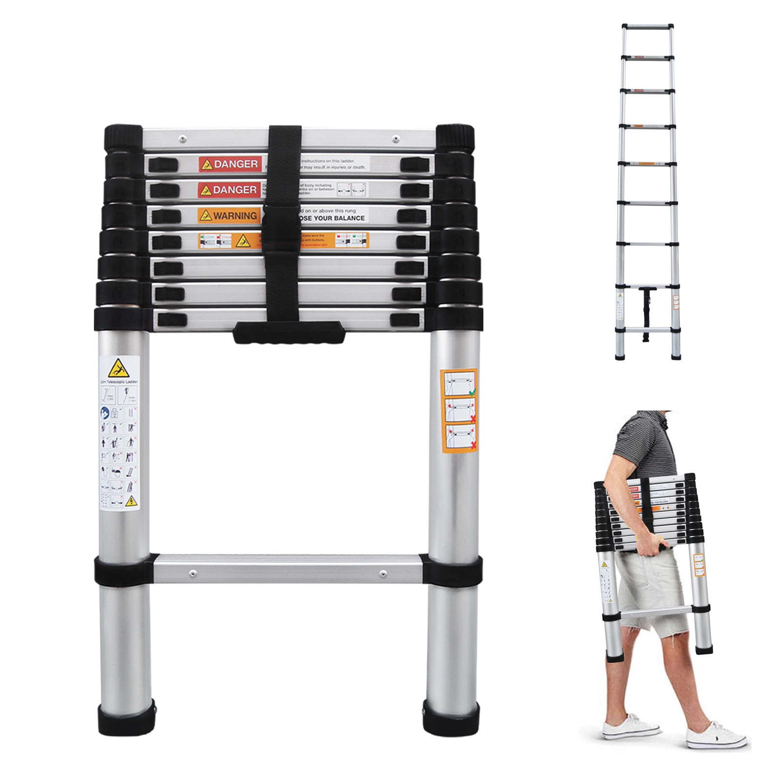 Aluminum Extension Ladder 8.5ft, Heavy Duty Telescoping Ladder Portable ...