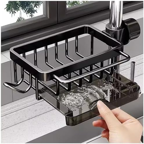 Aluminum Faucet Organizer Rack with Drain Tray for Kitchen Sink and ...