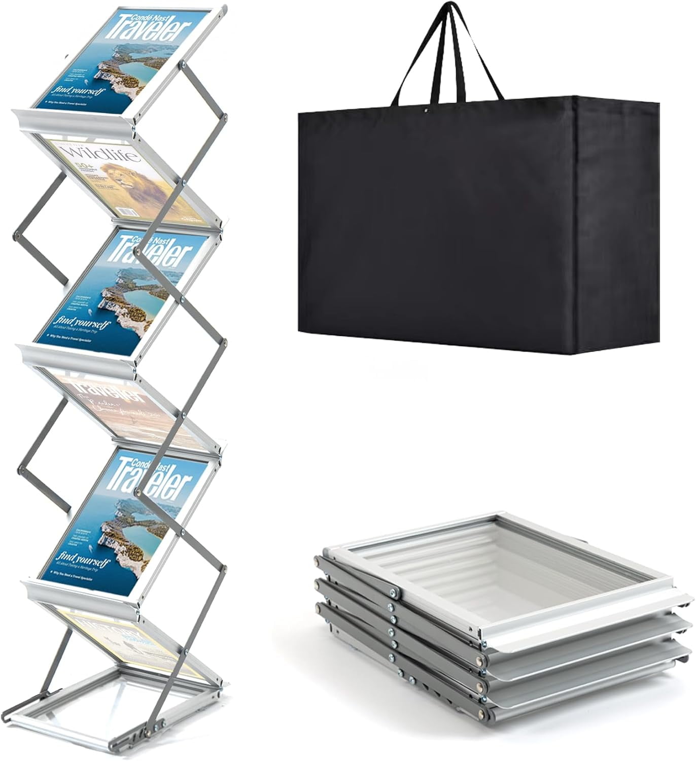 Aluminum Floor Standing Magazine Rack with 6 Pockets and Carrying Bag ...