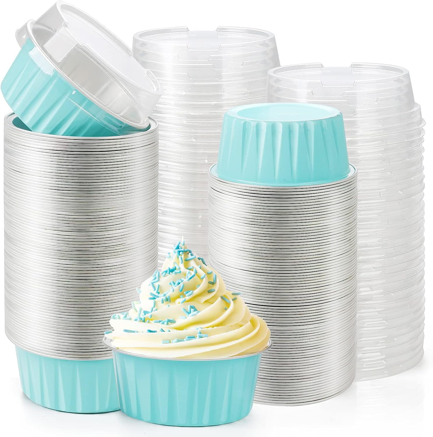 Aluminum Foil Baking Cups with Lids (100PCS Blue), 5oz 125ml Ramekin ...