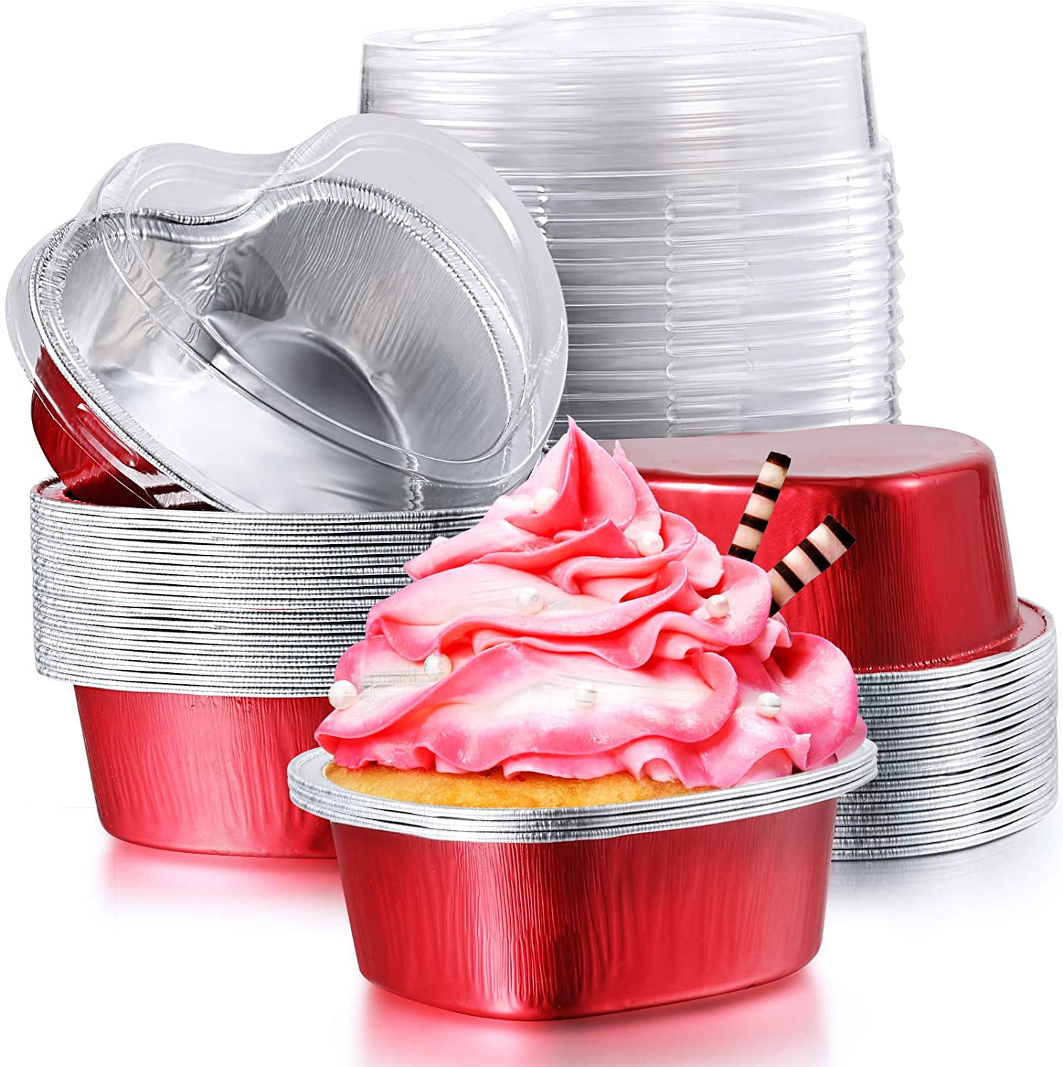 Aluminum Foil Cake Pan Heart Shaped Cupcake Cup with Lids 100 ml/ 3.4 ...
