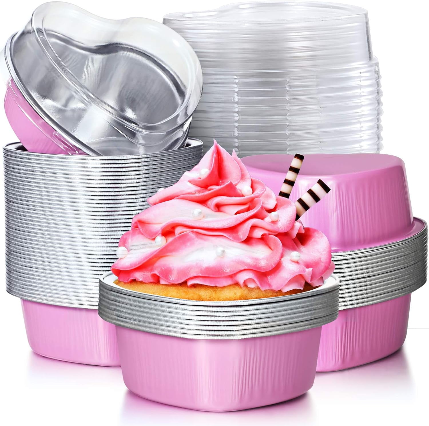 Aluminum Foil Cake Pan Heart Shaped Cupcake Cup with Lids 100 ml/ 3.4 ...