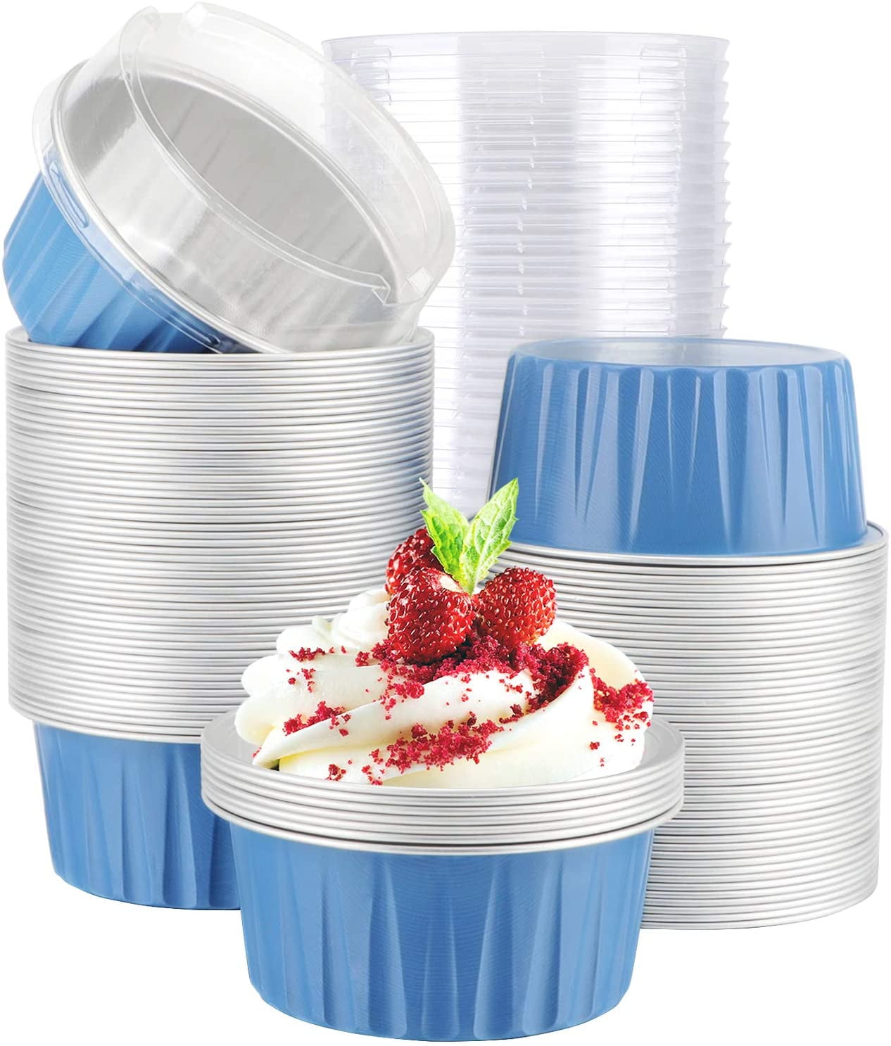 Aluminum Foil Cups, 5 oz 100pcs Baking Cups with Lids, 3.34"X2.59"X2.35" 125ml Snacks Desserts ...