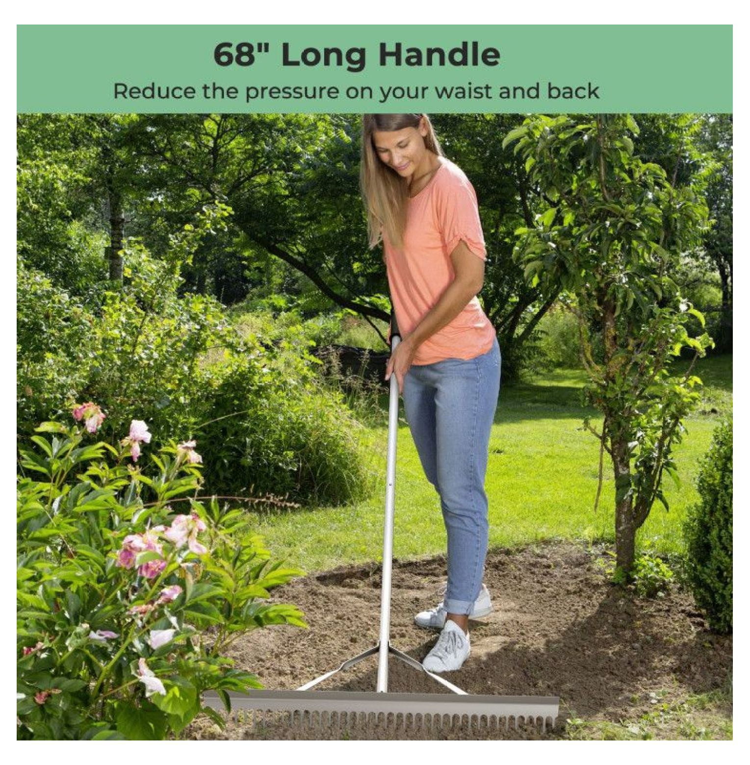 Aluminum Landscape Rake - 36 Inch Wide Garden Rake with 68 Inch Long ...