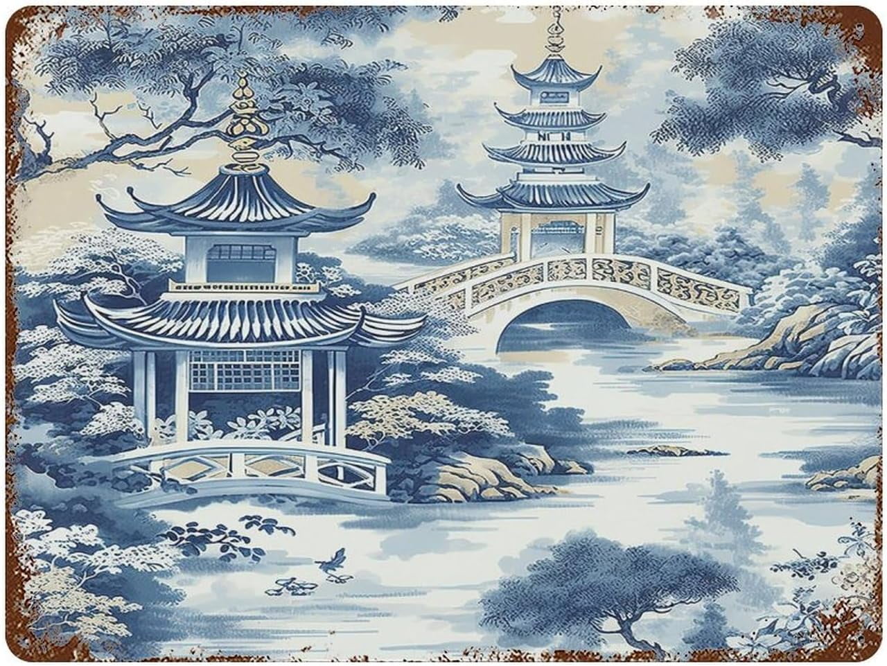 Aluminum Metal Sign Chinoiserie Asian Pagoda White Blue Signs ...