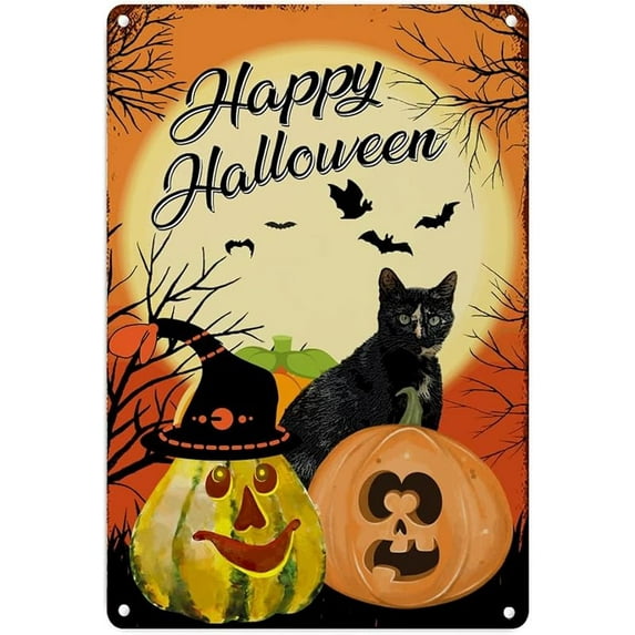 Aluminum Metal Sign Halloween Cat Pumpkin Happy Halloween Rectangular ...