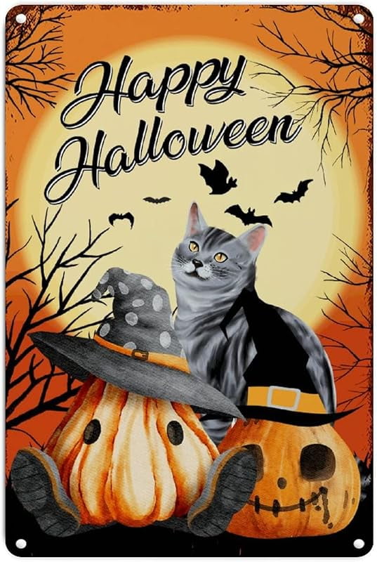 Aluminum Metal Sign Halloween Cat Pumpkin Happy Halloween Rectangular ...