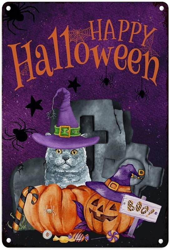 Aluminum Metal Sign Halloween Cat Pumpkin Happy Halloween Rectangular ...
