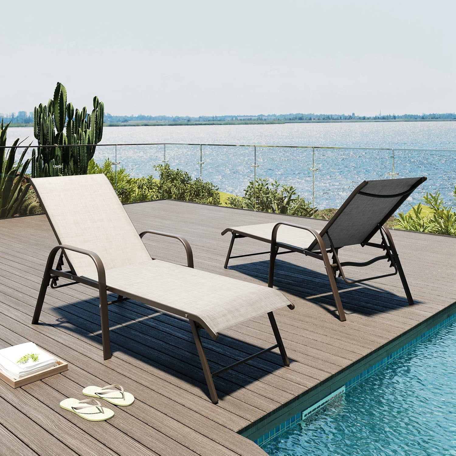 Aluminum Outdoor Chaise Lounge Chairs Set of 2, Patio Chaise Lounge with Adjustable Backrest ...