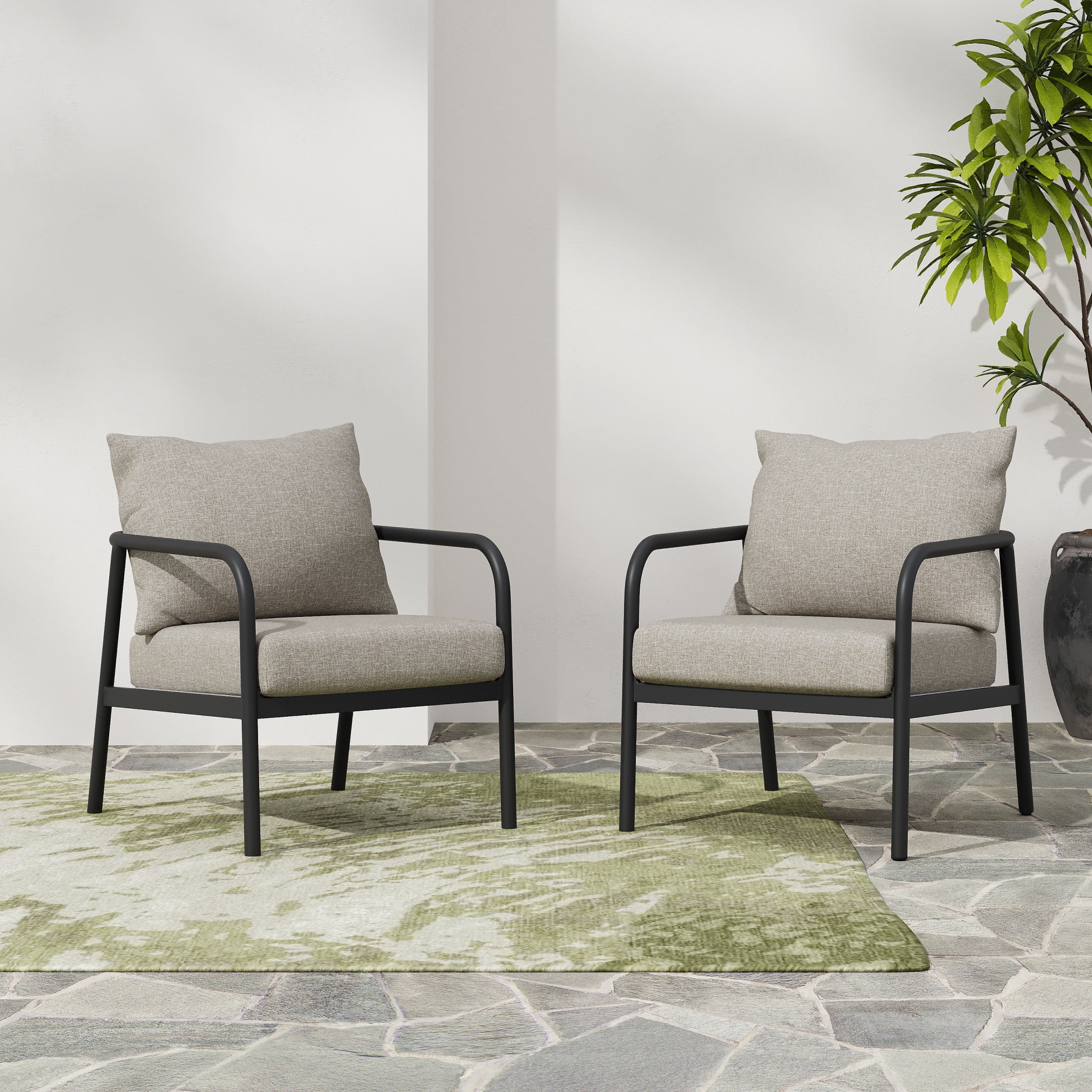 Aluminum Outdoor Club Chairs with Padded Cushions, Beige+Black, Set of ...