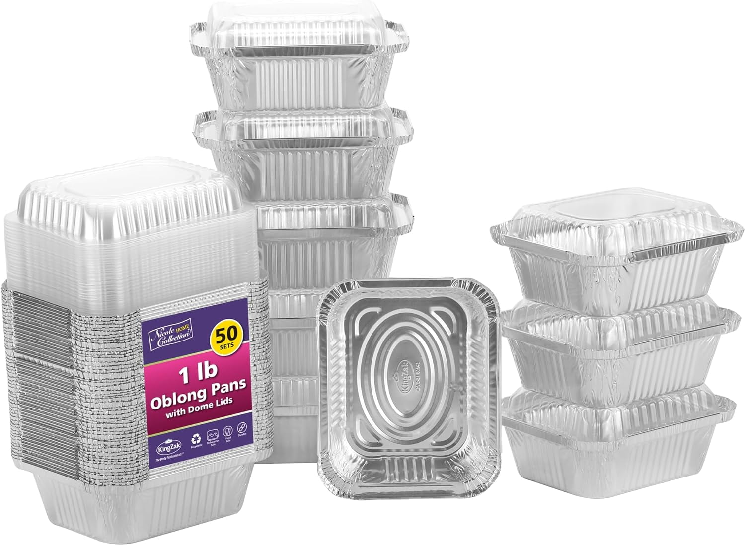 Aluminum Pans With Plastic Dome Lids - 50 Count - 1LB Oblong Pans (5"x4 ...