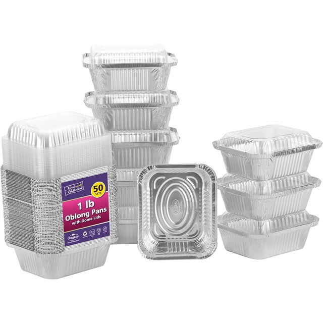 Aluminum Pans With Plastic Dome Lids - 50 Count - 1LB Oblong Pans (5"x4 ...