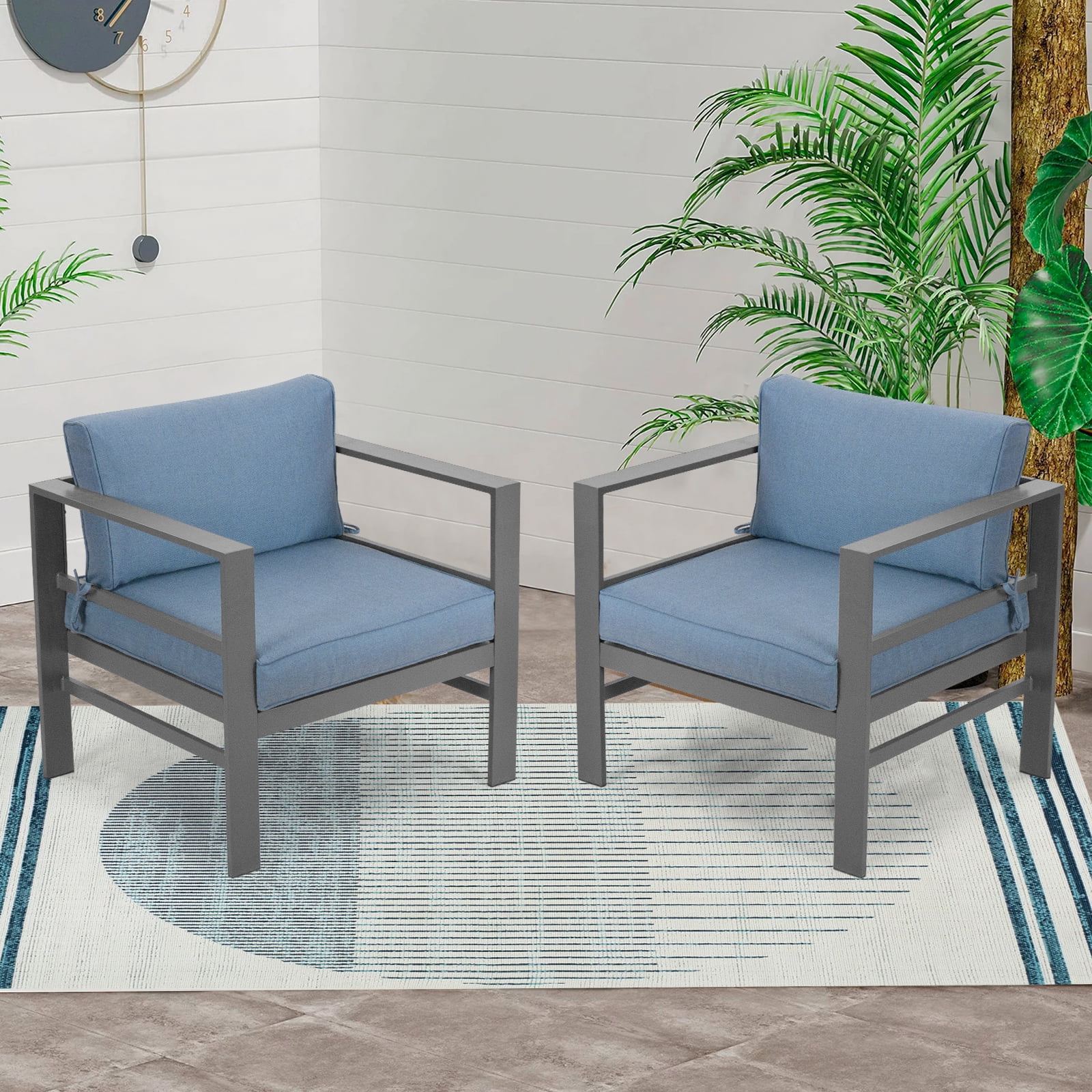 Aluminum Patio Club Chair, 2 Pcs Outdoor Armchairs with Blue Cushion ...