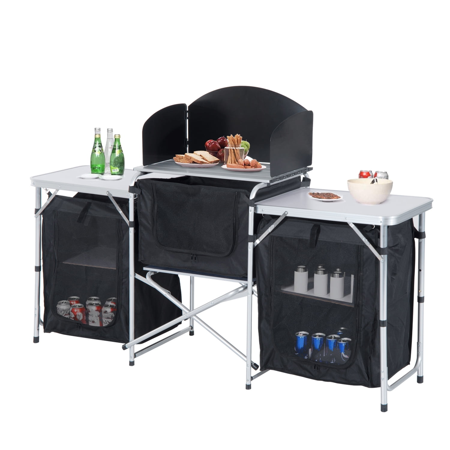 Aluminum Portable Camping Kitchen Fold-Up Cooking Table With Windscreen ...