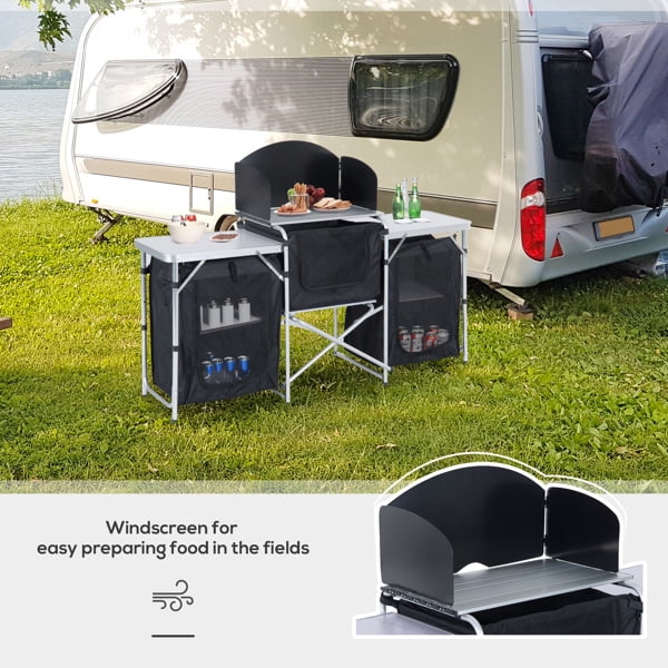 Aluminum Portable Camping Kitchen Fold-Up Cooking Table With Windscreen ...