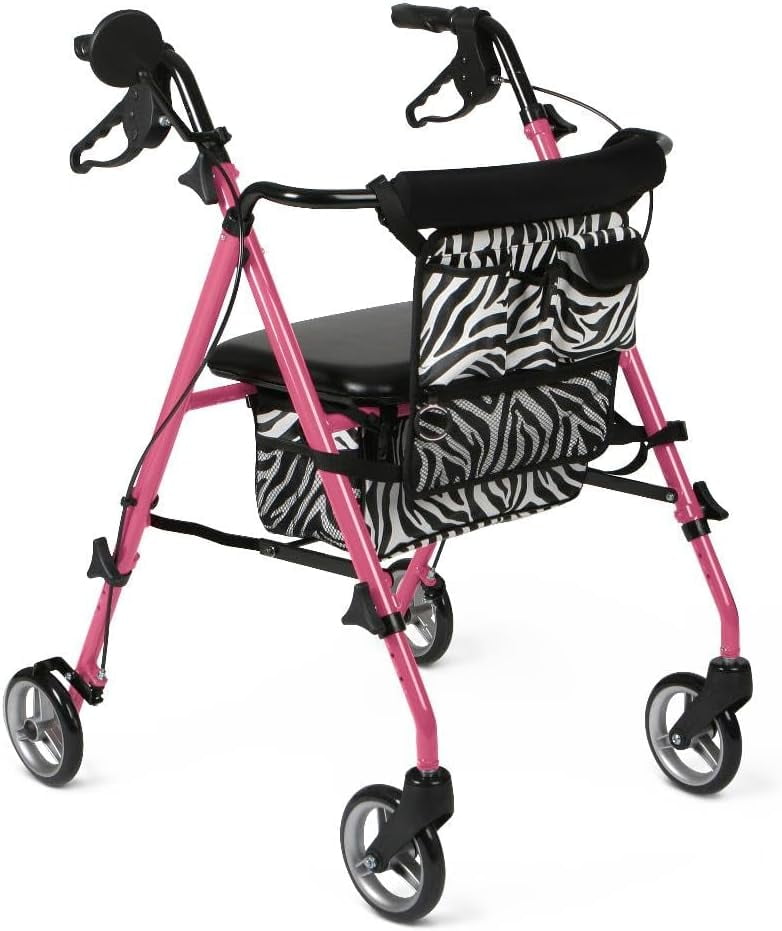 Aluminum Rollator Walker – Pink Zebra Print, Foldable Rolling Walker ...