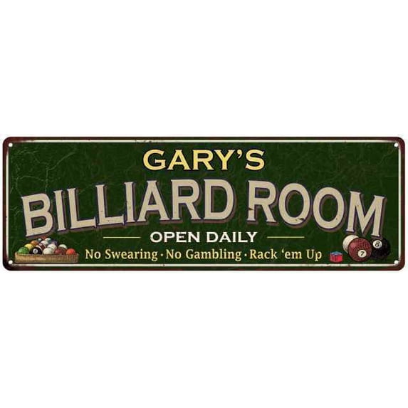 Aluminum Signs Size: 4 x 16 Inch GARY'S Billiard Room Sign Green Metal ...