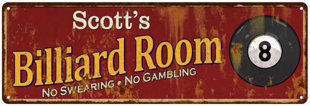 Aluminum Signs Size: 4 x 16 Inch Scott's Billiard Room Red Sign Game ...