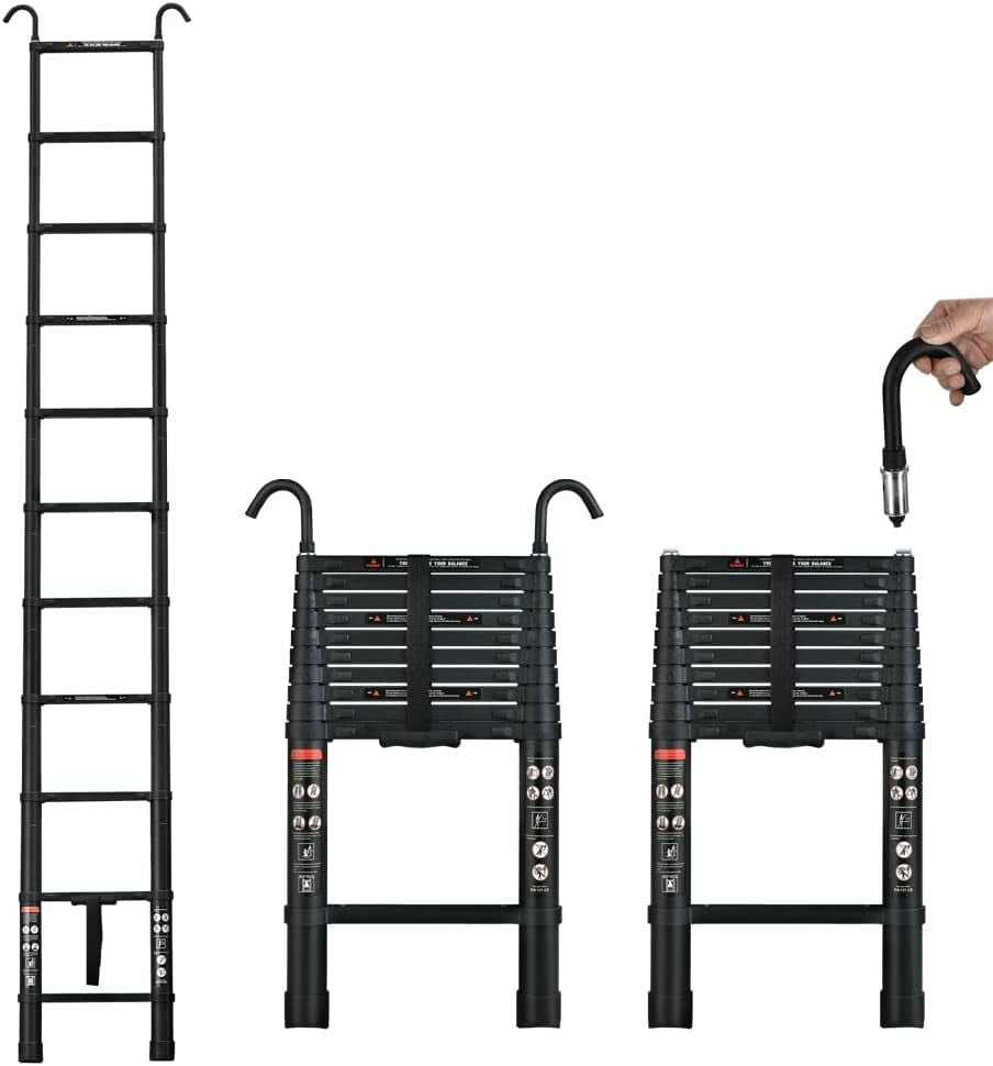 Aluminum Telescopic Extension Ladder, 12.5FT, Black, 330LB Max Capacity ...