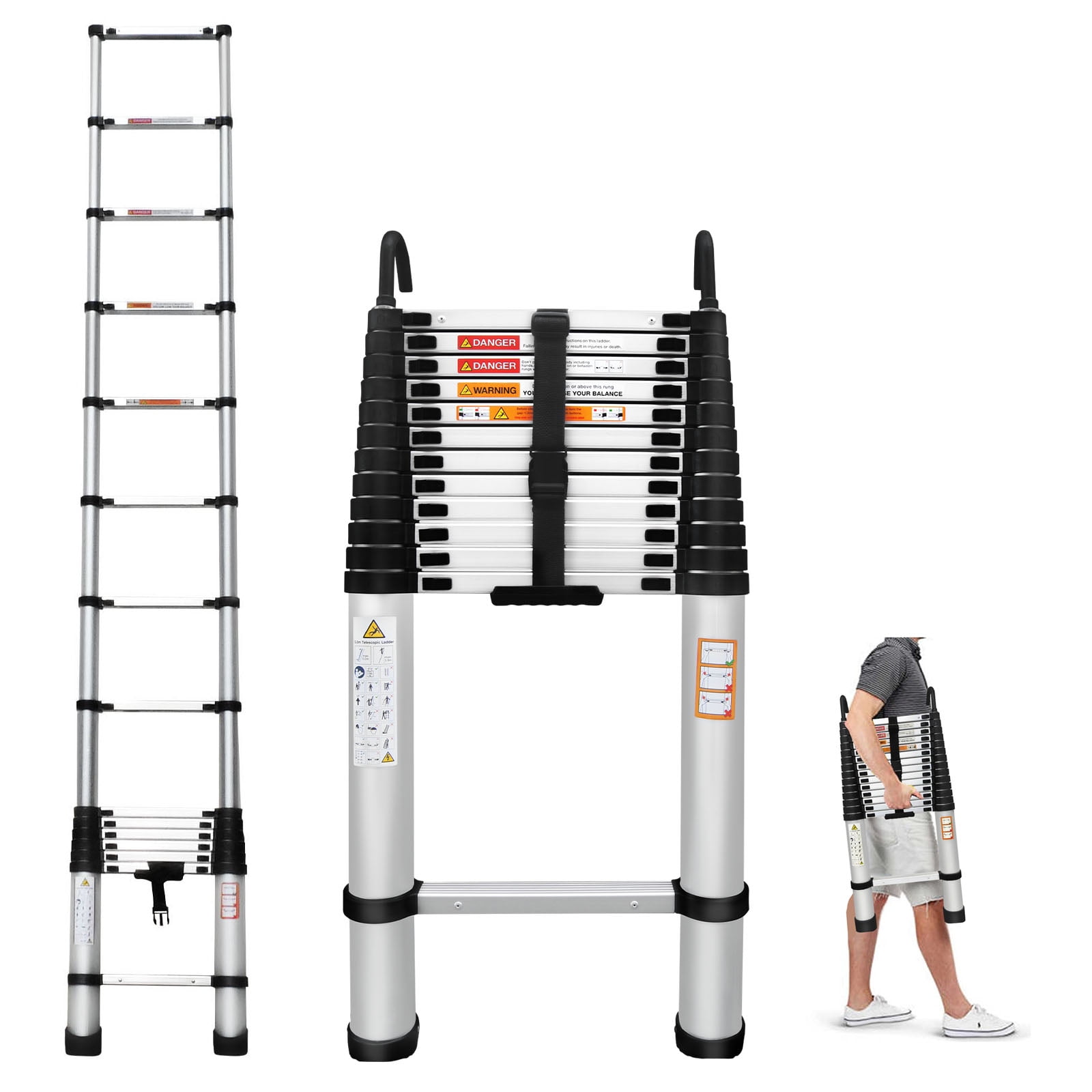 Aluminum Telescoping Ladder 16.4FT Straight Extension Ladder with 2 ...