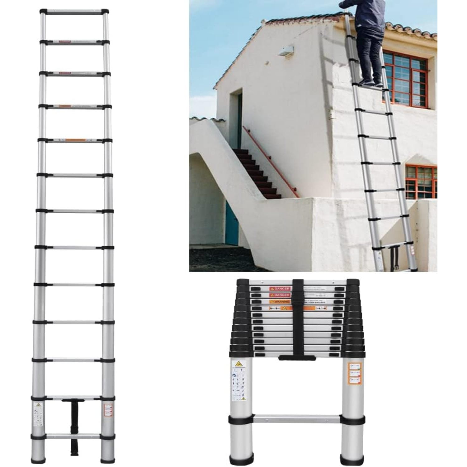 Aluminum Telescoping Portable Extension Ladder 12.5FT Anti-Slip ...