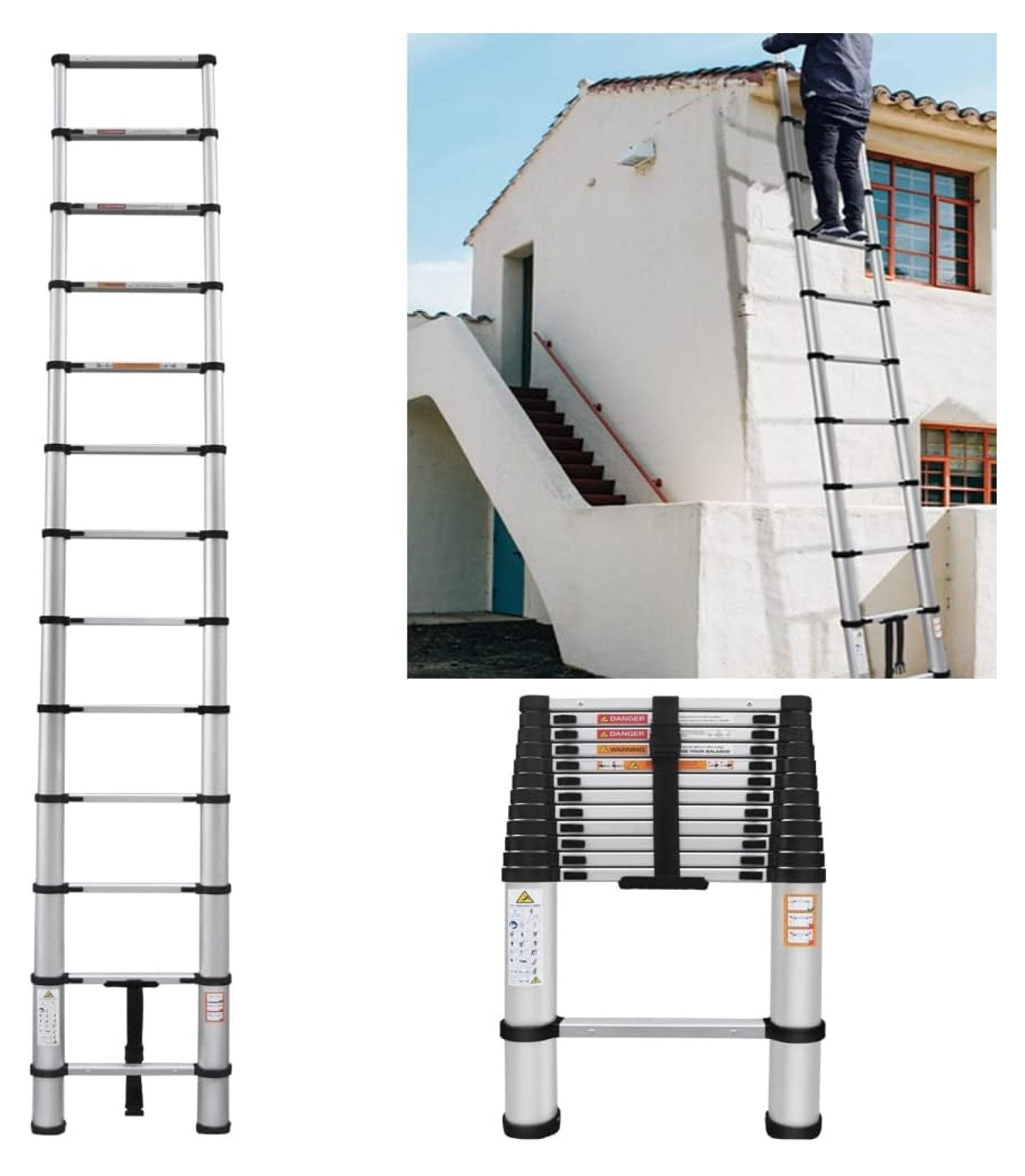 Aluminum Telescoping Portable Extension Ladder 12.5FT Anti-Slip ...