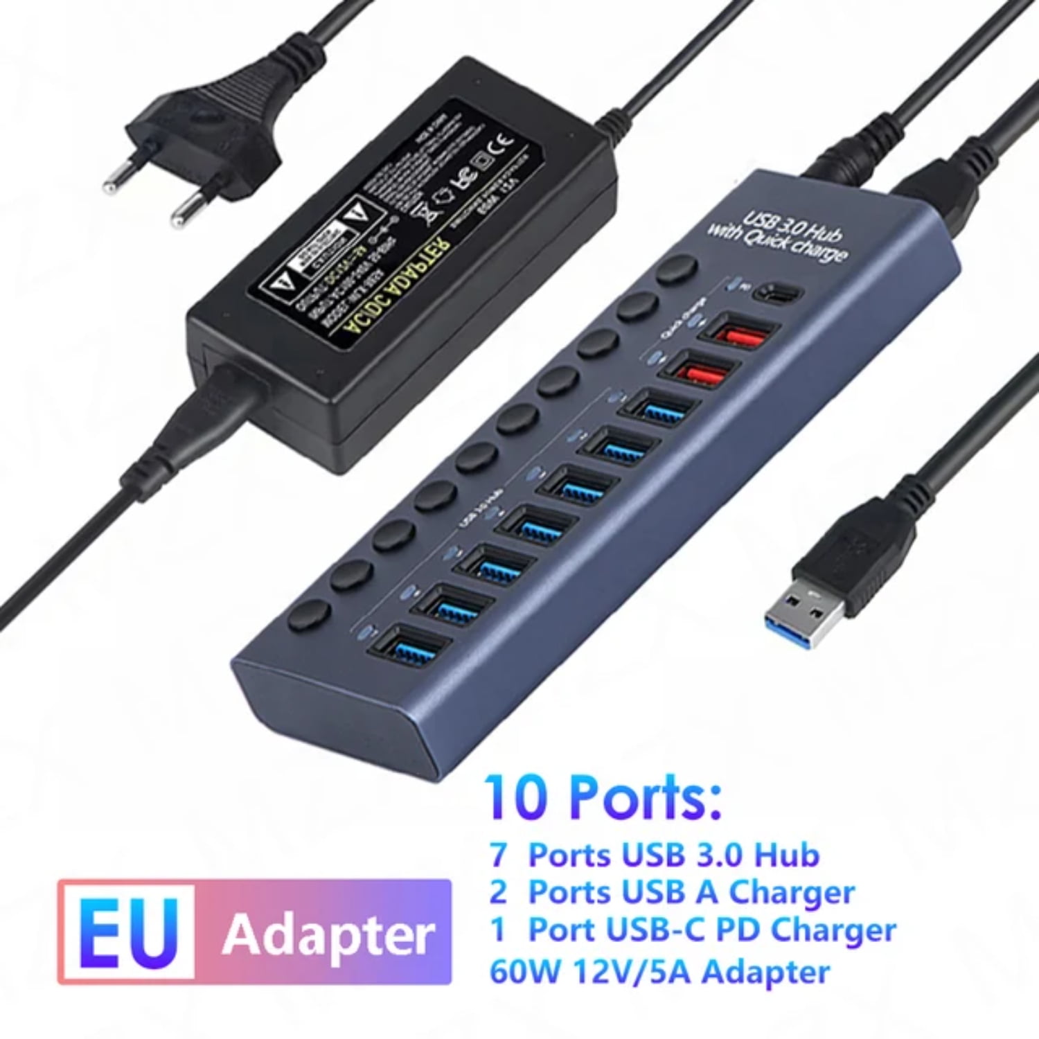 Aluminum USB 3.0 Hub - Portable 4 Port PD Charger Splitter for Laptop ...
