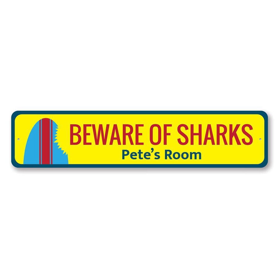 (Aluminum metal) Beware Of Sharks Sign Surfboard Shark Bite Metal Decor ...