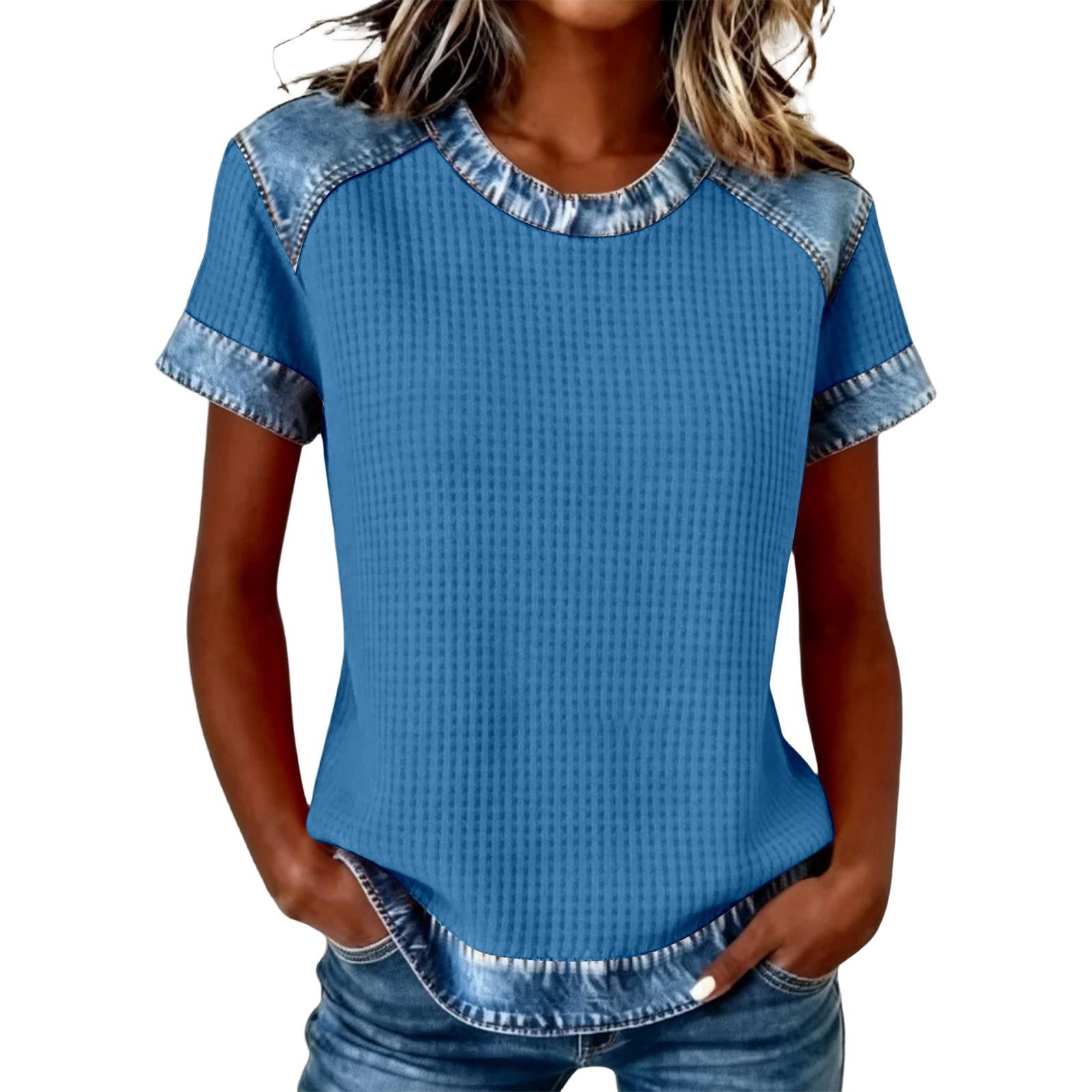 Alun Denim Patchwork T-Shirts Women's Summer Casual Waffle Tops Plus ...