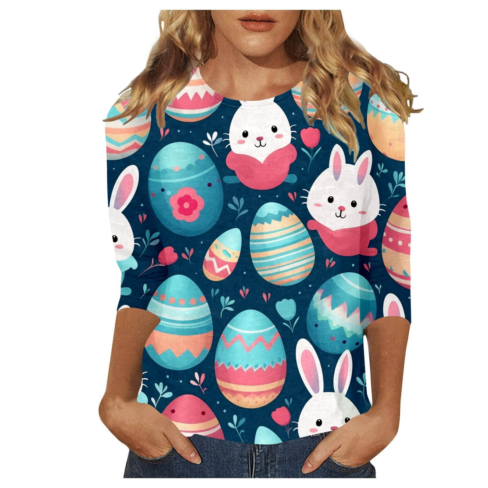 Alun Easter T Shirts for Women Funny Easter Egg Graphic Tees 3/4 Length ...