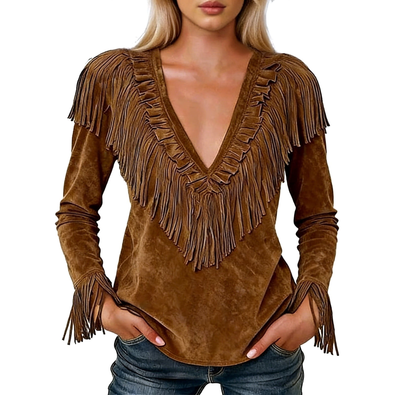 Alun Long Sleeve Shirts for Women Solid Color Fringe Western Retro ...