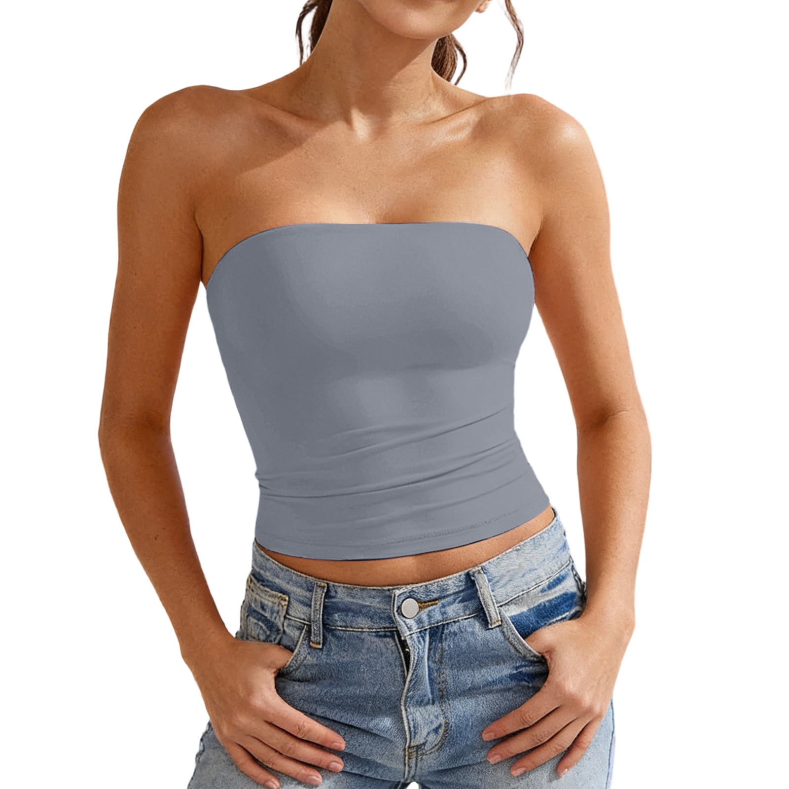 Alun Women's Strapless Cropped Tube Tops Stretch Tight Solid Color ...