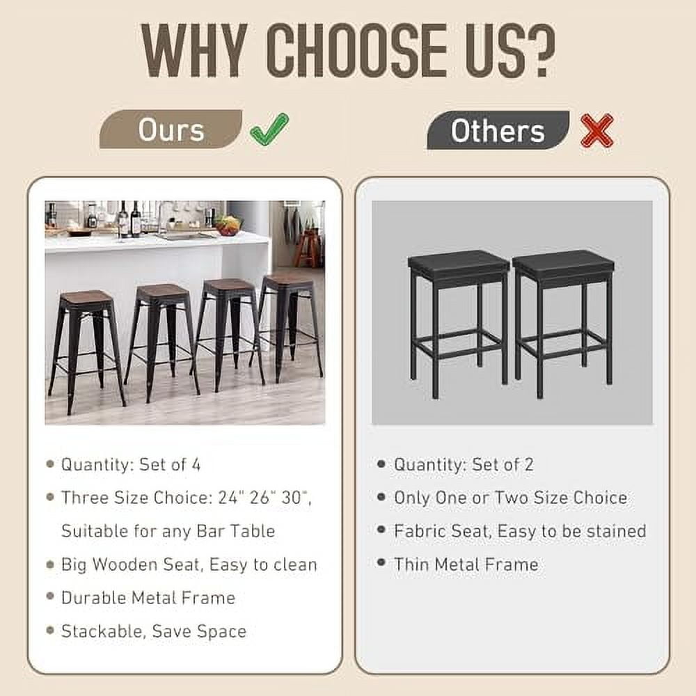 Alunaune 26" Metal Bar Stools Set of 4 Stackable Counter Height Barstools Backless Industrial ...