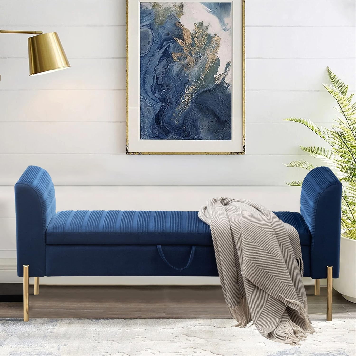 Alunaune Modern Blue Velvet Storage Bench for Bedroom End of Bed Bench ...