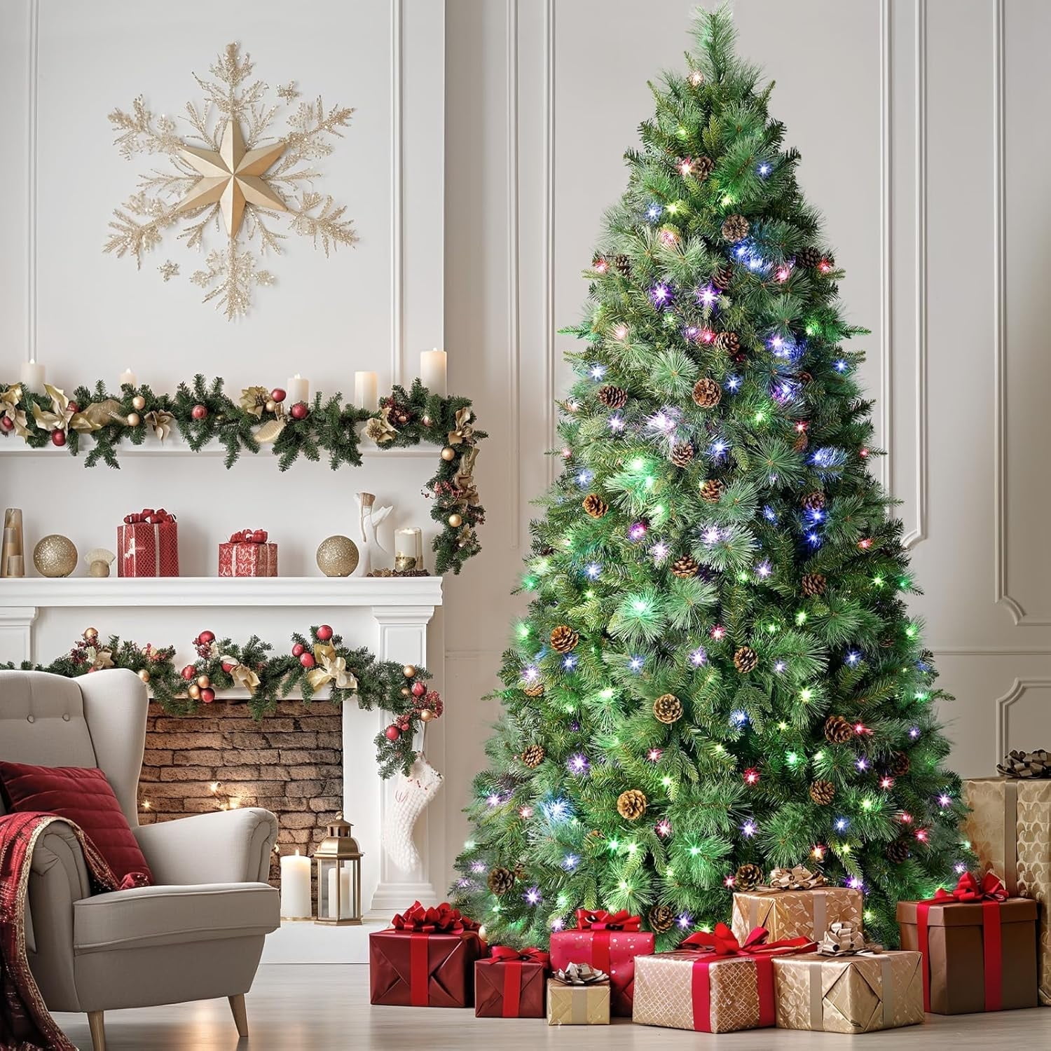 Alupssuc 7 ft pre-lit artificial hinged Christmas pine tree， LED color ...