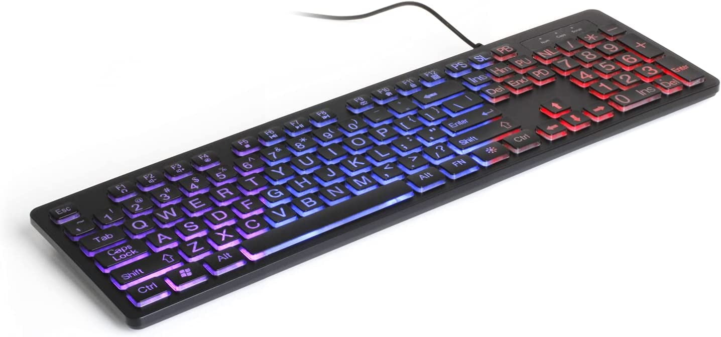 Aluratek Large Print Tri-Color USB Backlit Illuminated Keyboard ...